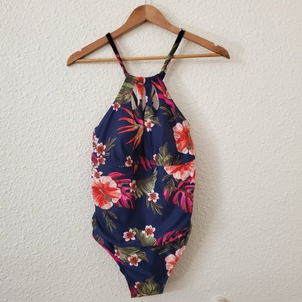 Kona Sol Navy Floral Keyhole Strap One Piece Gem